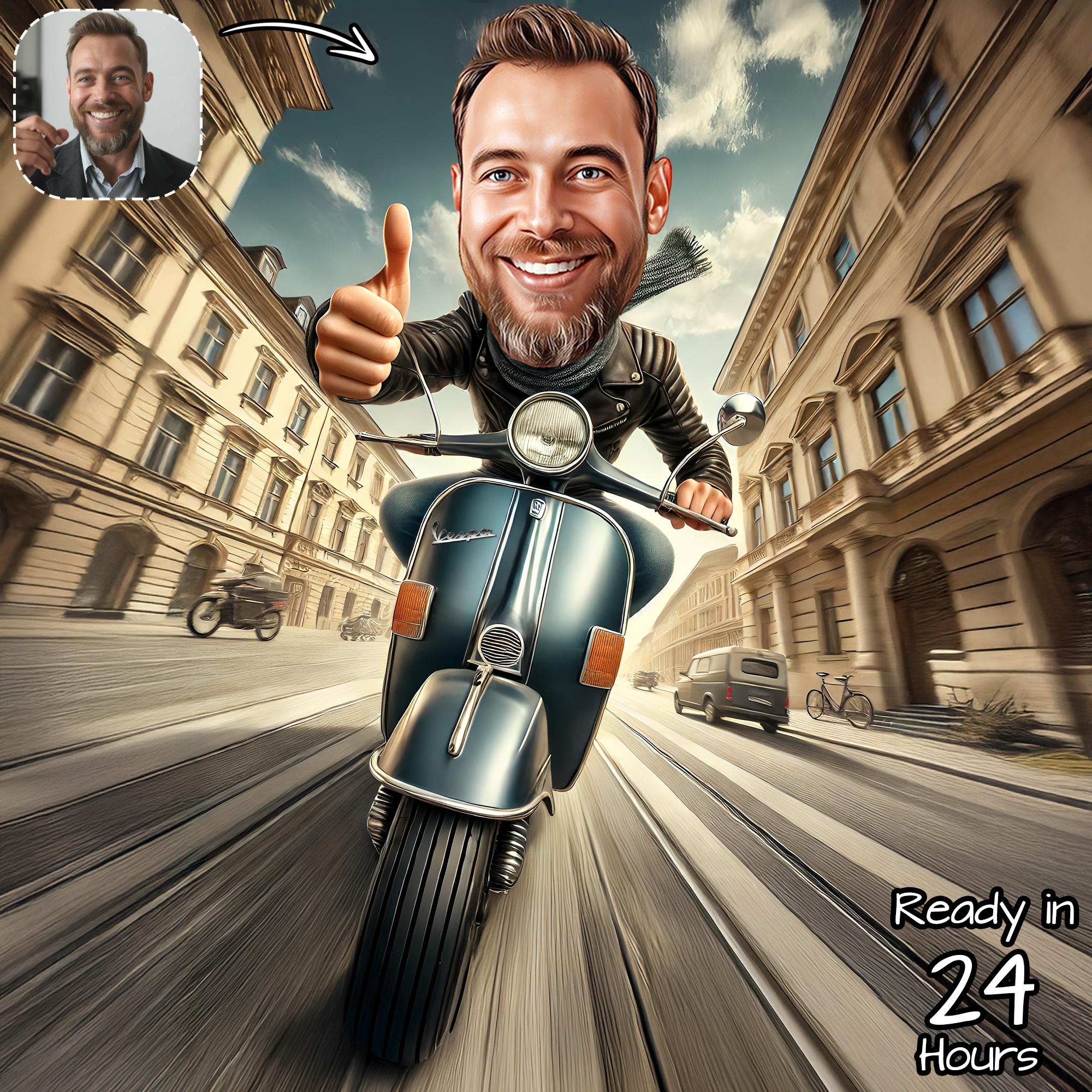 Custom Scooter Cartoon Portrait | Personalised Vespa Caricature Drawing ...