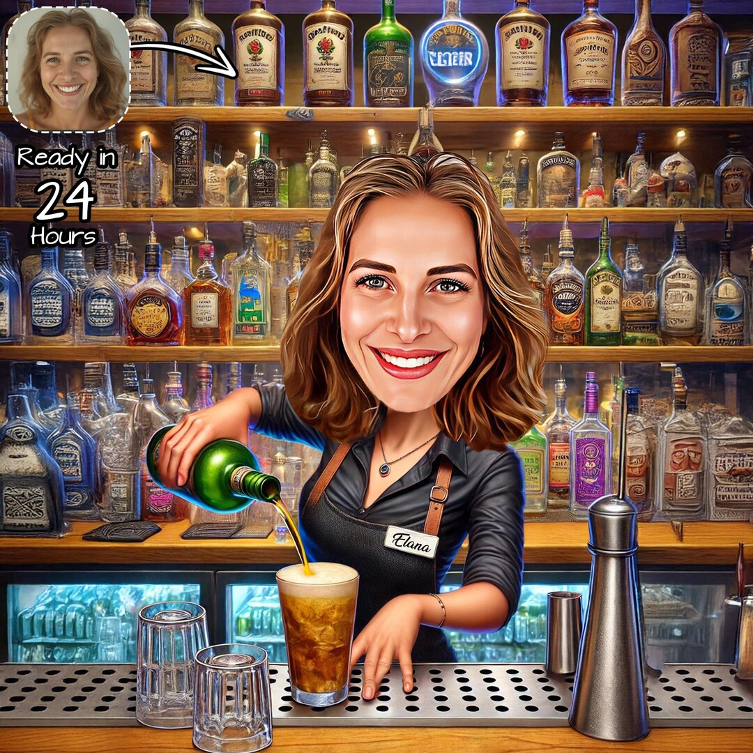 Custom Bartender Caricature, Personalized Bar Art Portrait for Him or ...