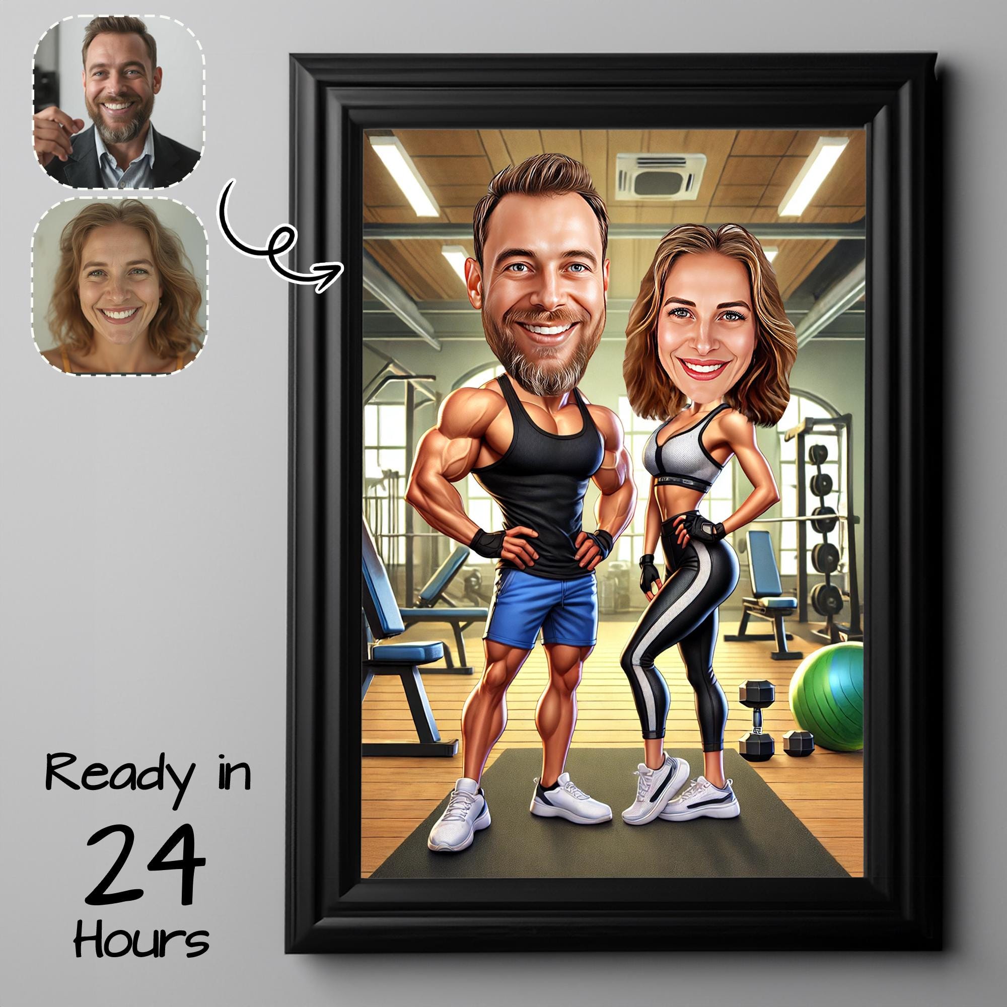 Custom Fitness Couple Cartoon Portrait | Personal Trainers Caricature ...
