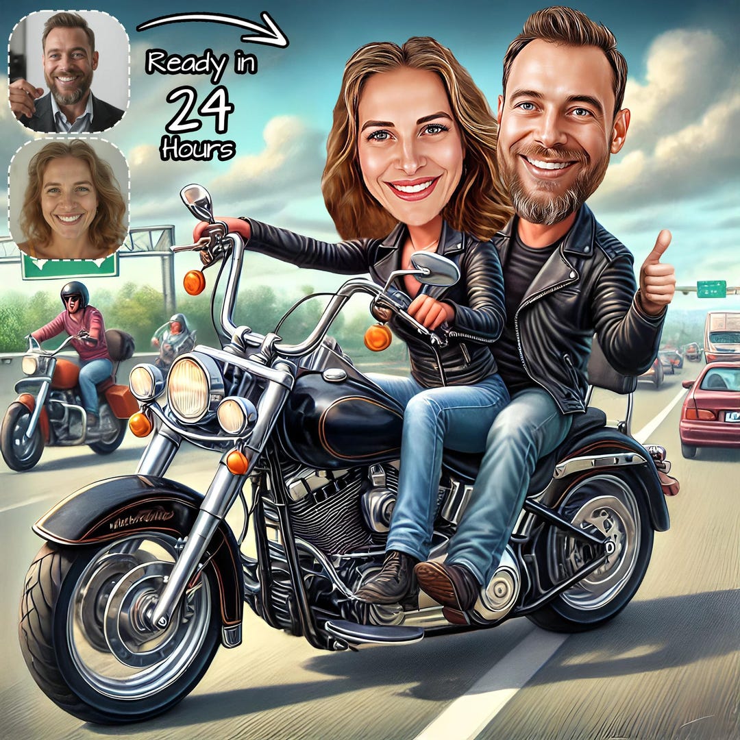 Custom Chopper Couple Portrait | Personalized Biker Caricature | Custom ...