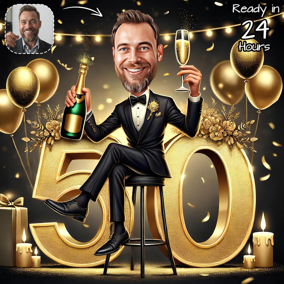 Custom 50th Man Cartoon Portrait | 50th Birthday Caricature | Birthday ...
