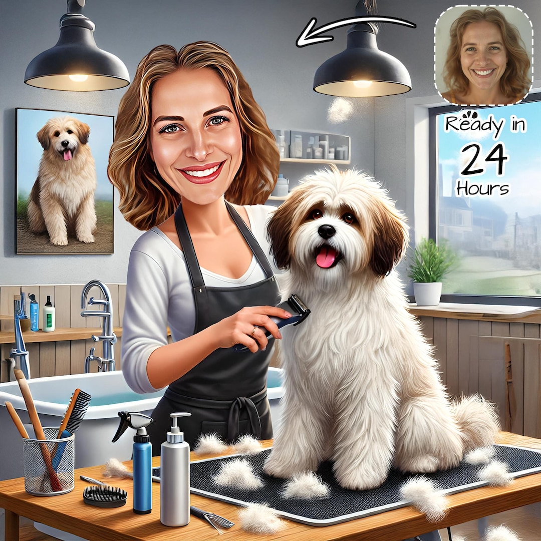 Custom Dog Groomer Cartoon Portrait | Personalized Goomer Caricature ...