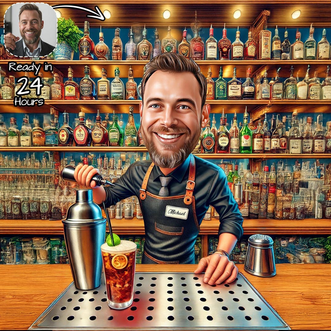 Custom Bartender Caricature, Personalized Bar Art Portrait for Him or ...