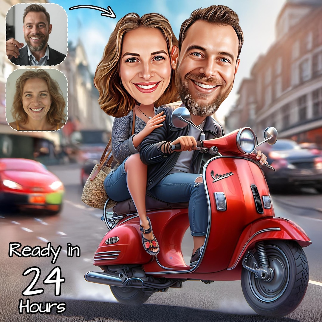 Custom Scooter Couple Portrait | Custom Red Vespa Caricature | Vespa ...