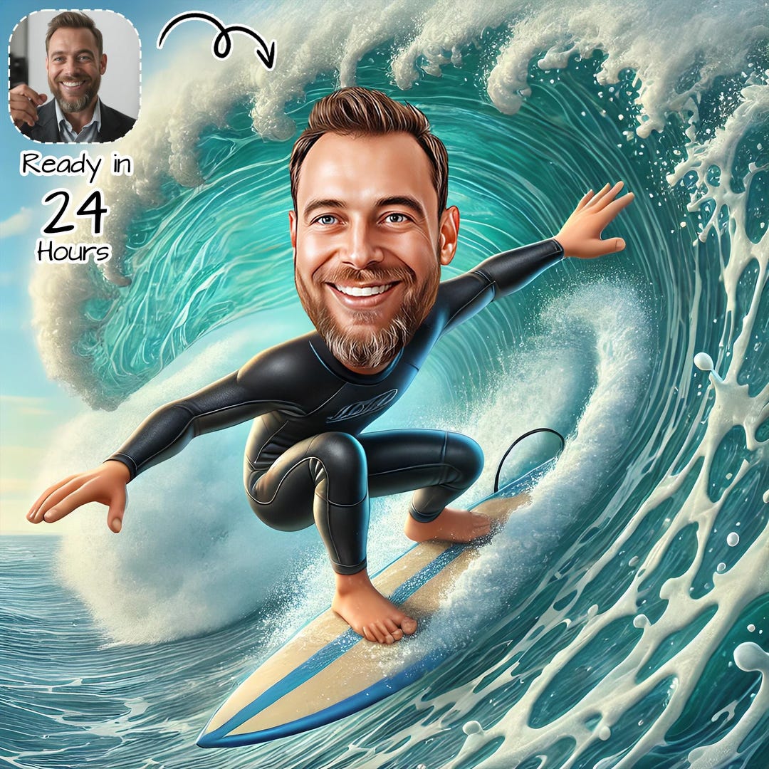 Custom Surfer Cartoon Portrait | Personalized Surfer Drawing | Gift for ...