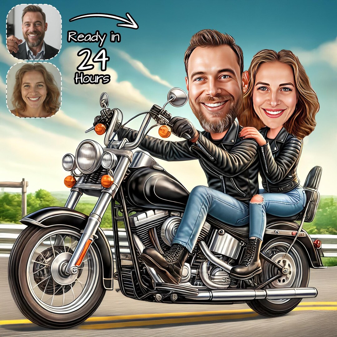 Custom Chopper Couple Portrait | Personalized Biker Caricature | Custom ...