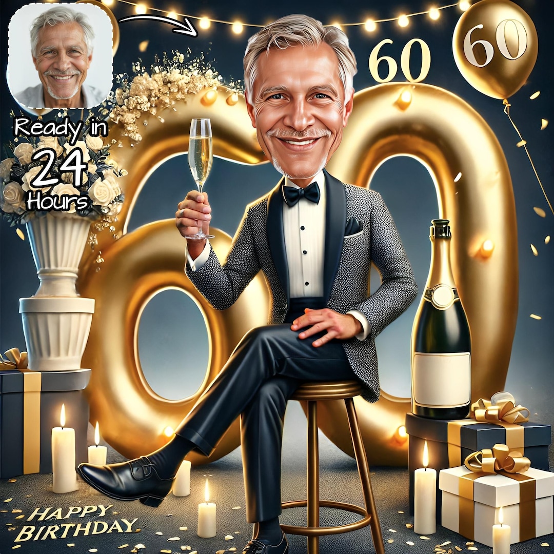 Custom 60th Man Cartoon Portrait | 60th Birthday Caricature | Birthday ...