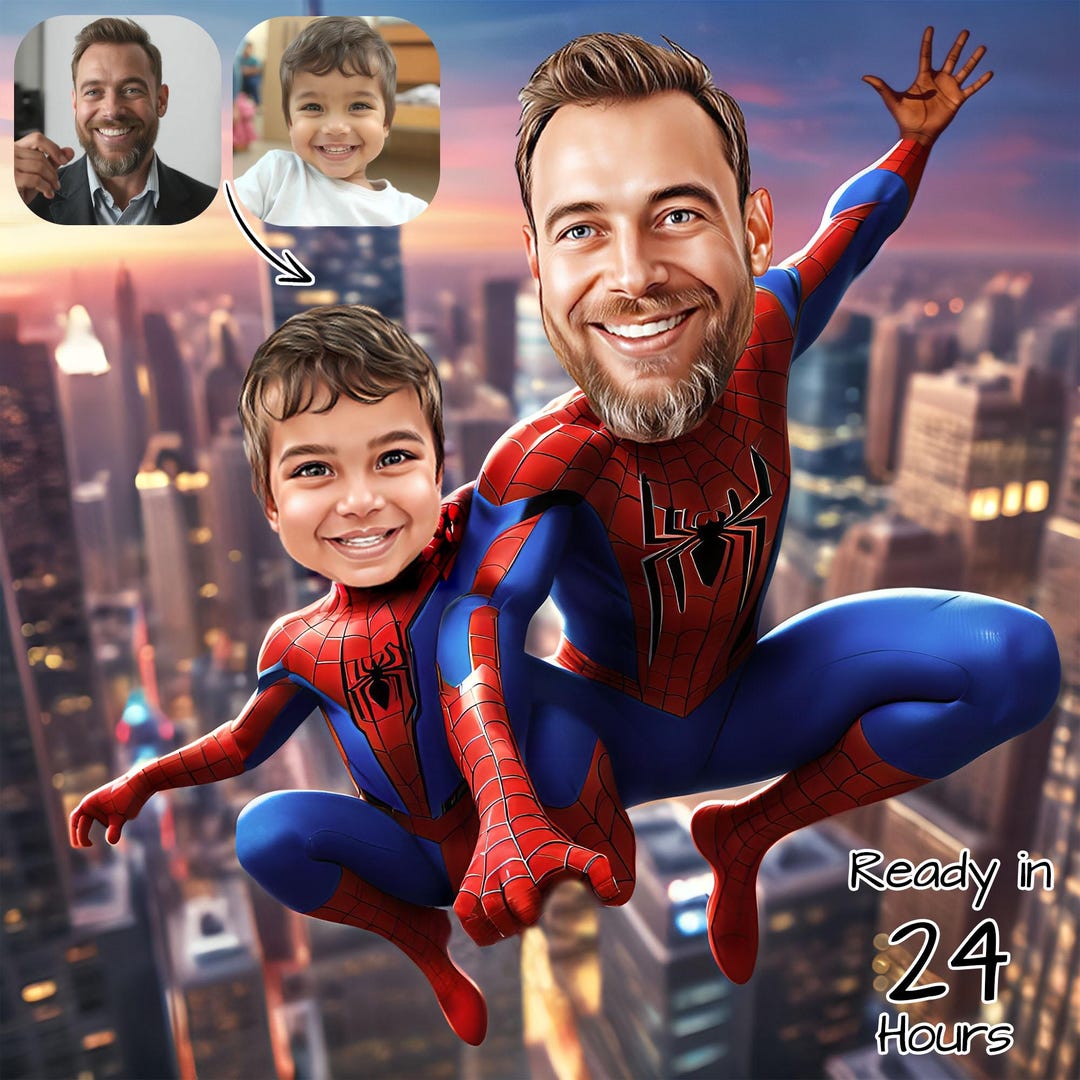 Custom Superhero Dad and Son Cartoon | Super Dad Caricature | Custom ...