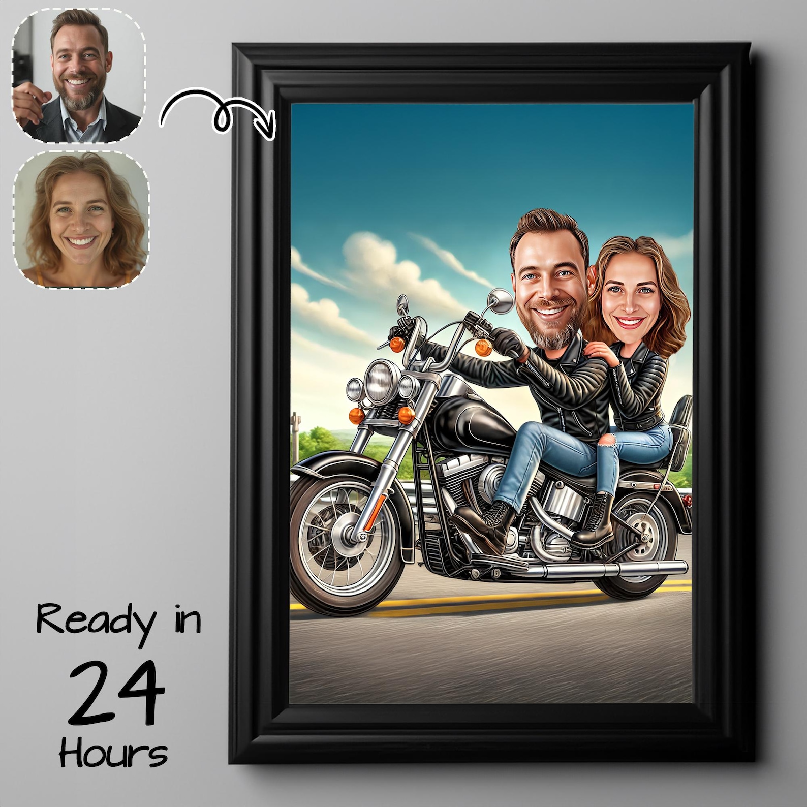 Custom Chopper Couple Portrait | Personalized Biker Caricature | Custom ...