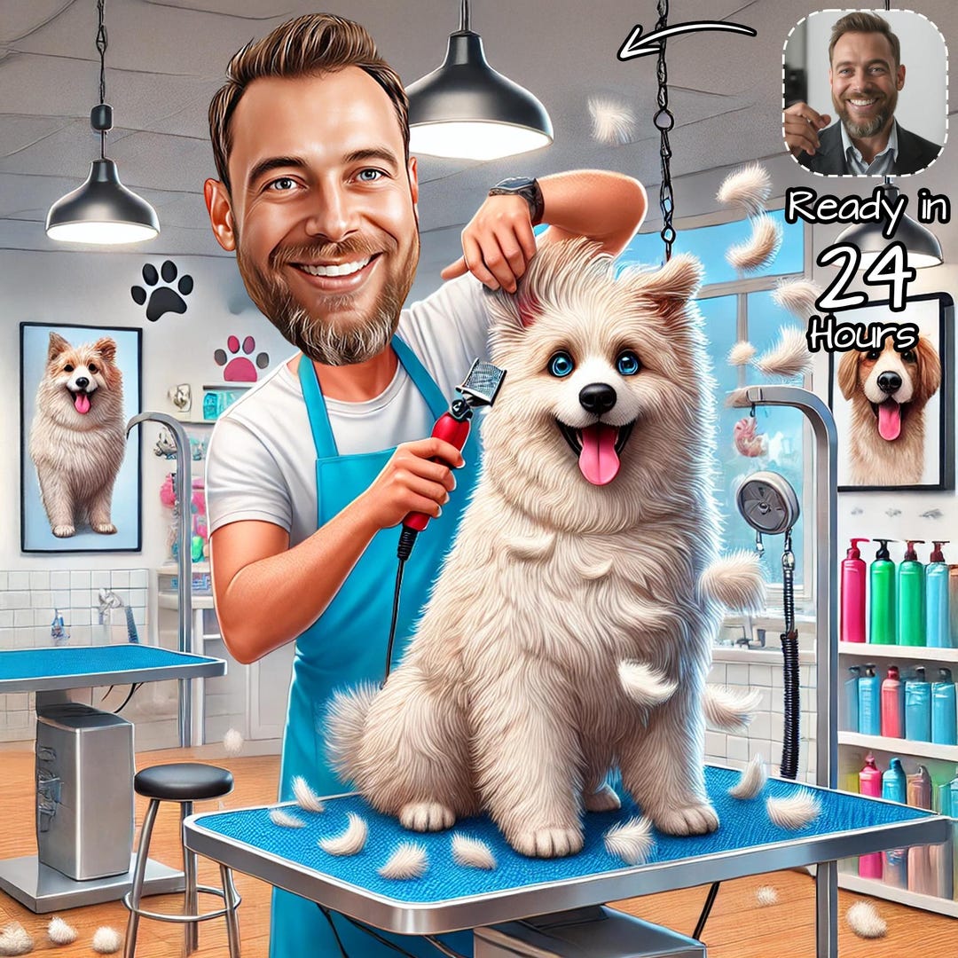 Custom Dog Groomer Cartoon Portrait | Personalized Goomer Caricature ...