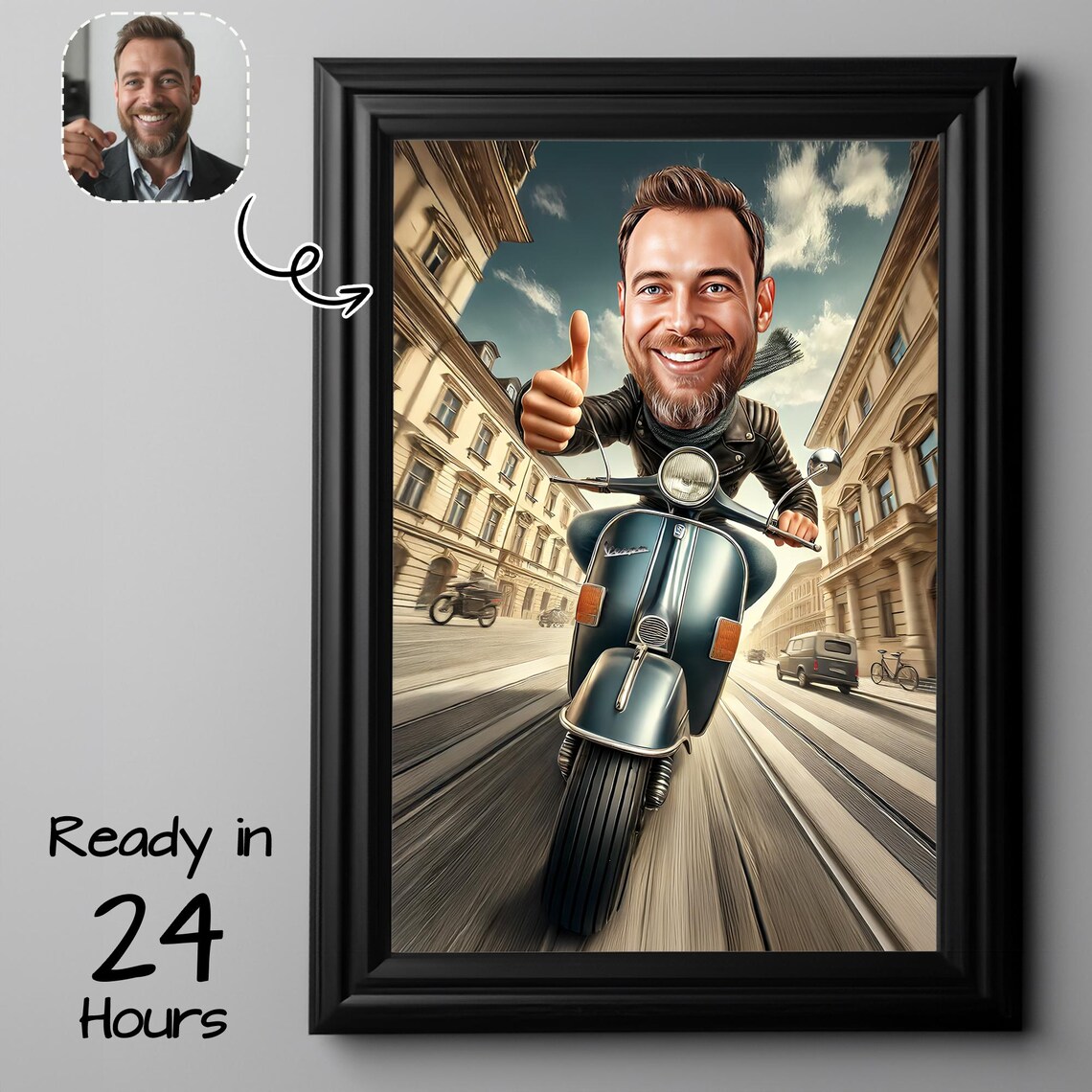 Custom Scooter Cartoon Portrait | Personalised Vespa Caricature Drawing ...