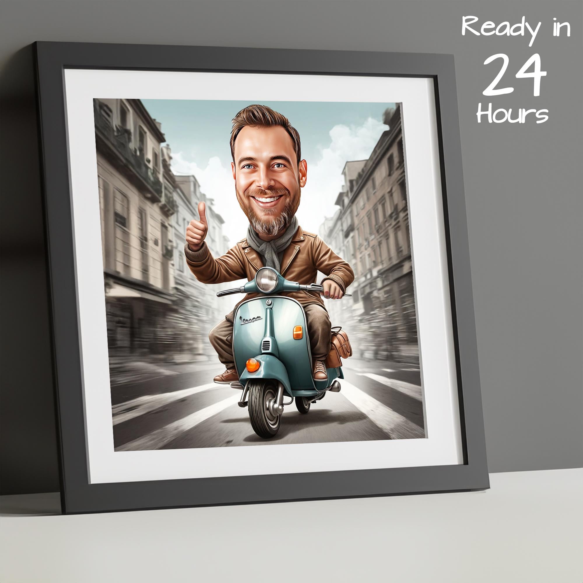 Custom Scooter Cartoon Portrait | Personalised Vespa Caricature Drawing ...