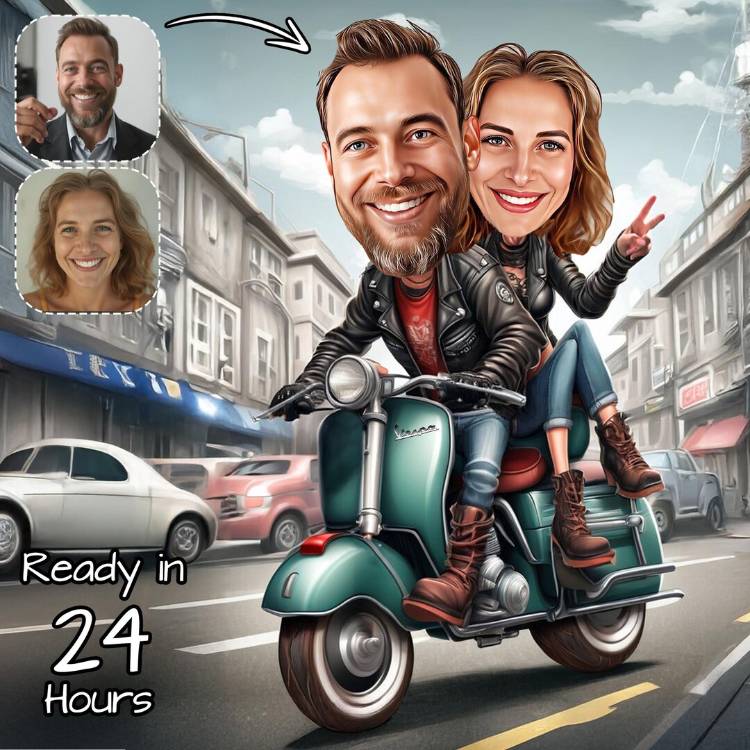 Custom Scooter Couple Portrait | Custom Vespa Caricature | Vespa ...
