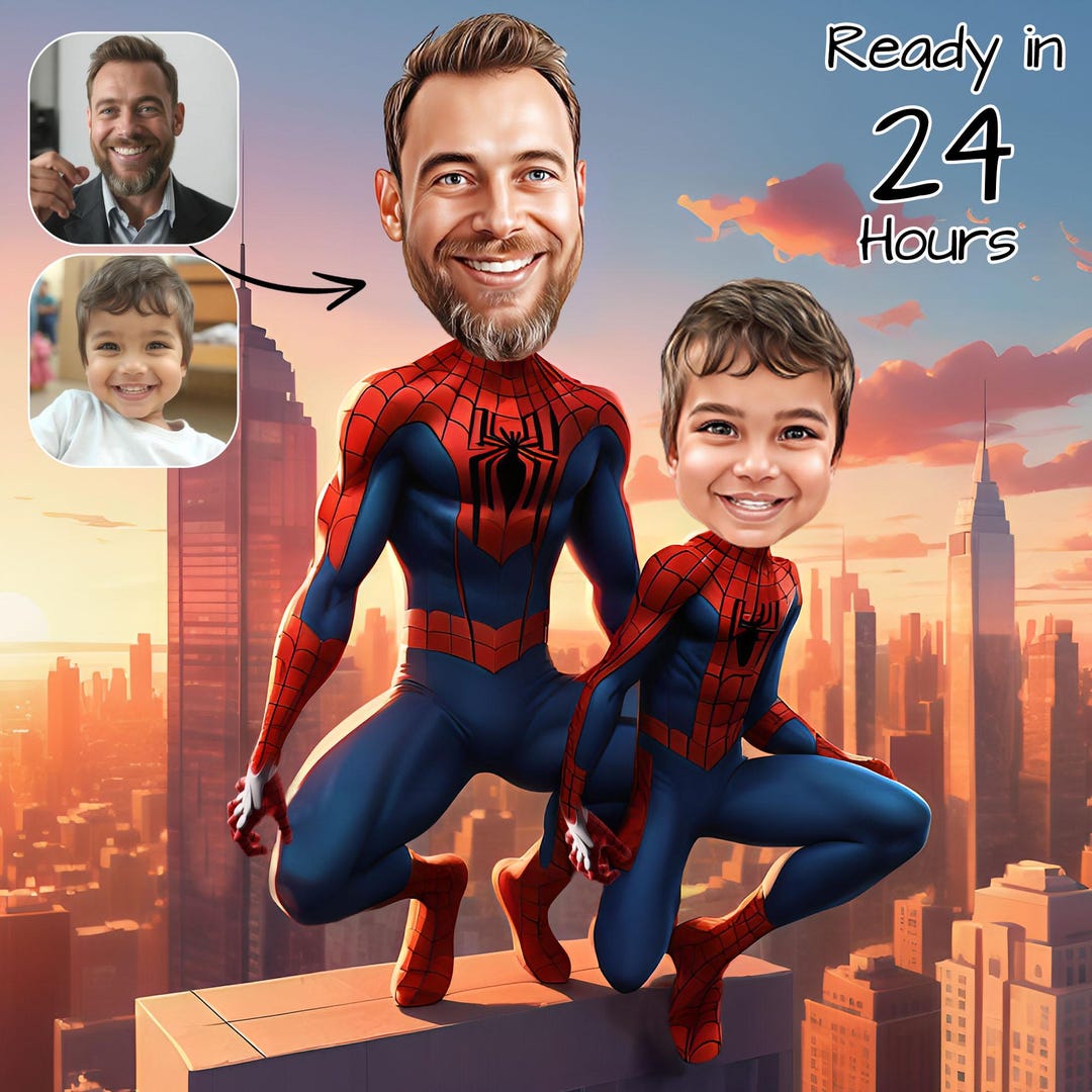Custom Superhero Dad and Son Cartoon | Super Dad Caricature | Custom ...