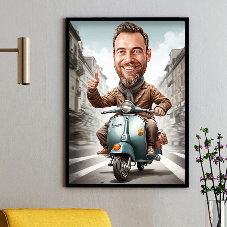 Custom Scooter Cartoon Portrait | Personalised Vespa Caricature Drawing ...