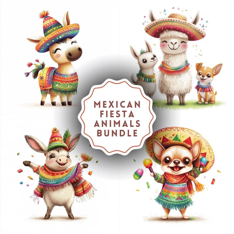 Mexican Fiesta Animals Clipart: Party Llamas, Donkeys, Dogs (digital ...