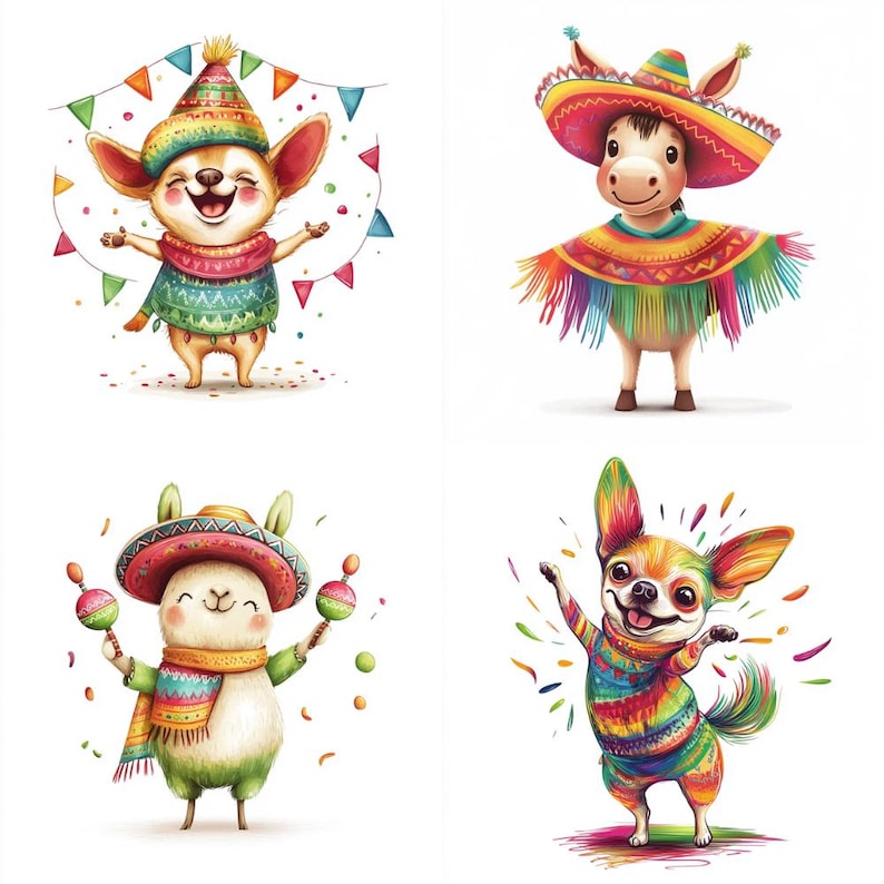 Mexican Fiesta Animals Clipart: Party Llamas, Donkeys, Dogs (digital ...