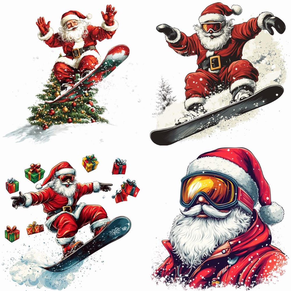 Skiing & Snowboarding Santa Clipart – 27 PNG Funny Holiday Sport ...