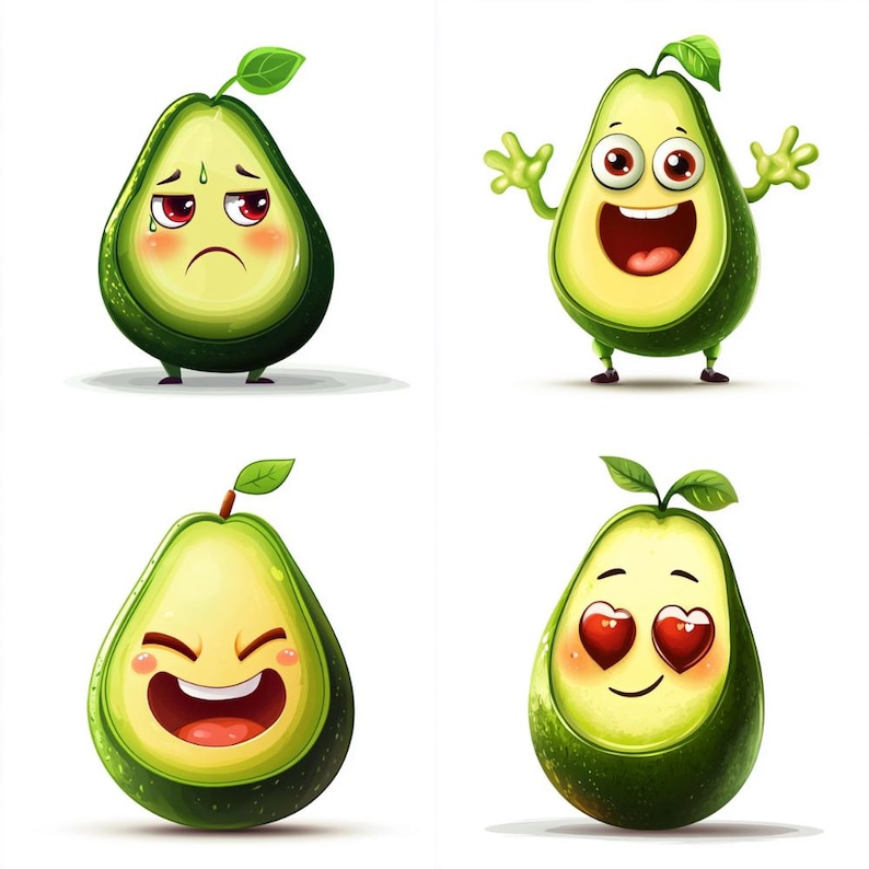 35 Cute Avocado Faces Clipart PNG - 35 PNG Kawaii Avocados With Funny ...