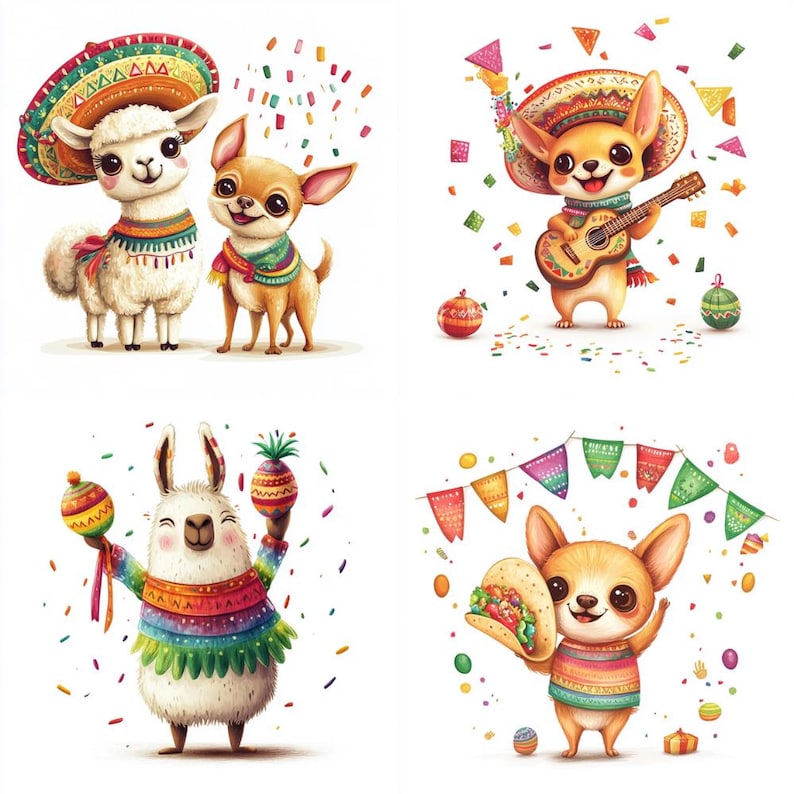 Mexican Fiesta Animals Clipart: Party Llamas, Donkeys, Dogs (digital ...