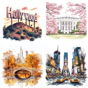 52 Famous American Landmarks Clipart PNG - 52 USA Travel Illustrations ...