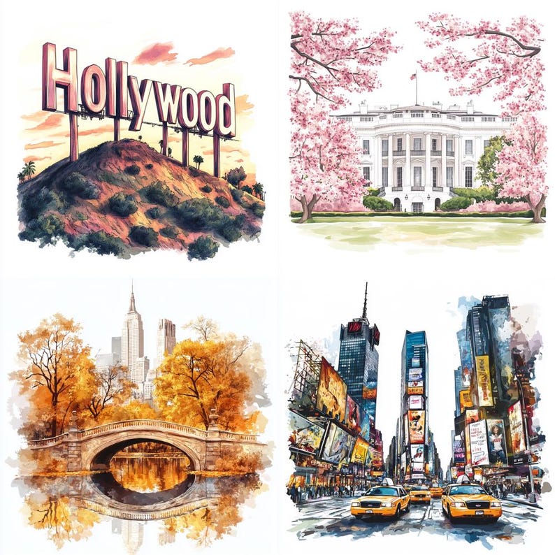 52 Famous American Landmarks Clipart PNG - 52 USA Travel Illustrations ...