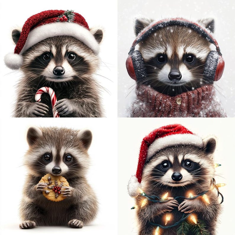 Christmas Raccoon Clipart PNG Bundle: Holiday Illustrations (digital ...
