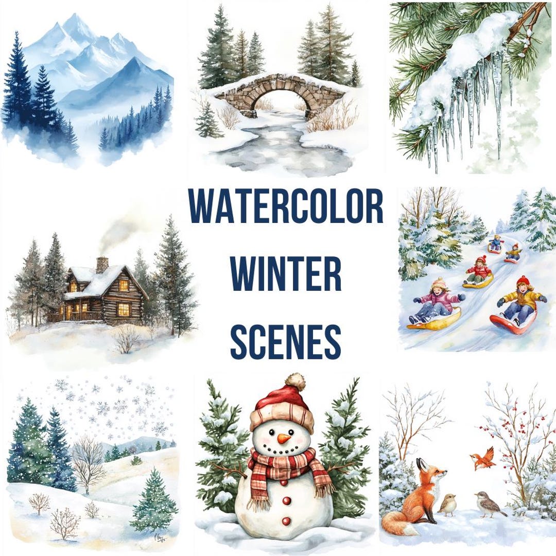 Watercolor Winter Wonderland Clipart Set: Snowy Forests, Cabins ...
