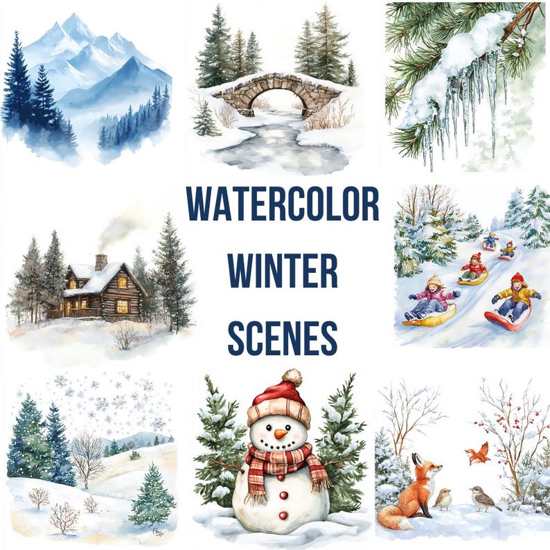 Watercolor Winter Wonderland Clipart Set: Snowy Forests, Cabins ...