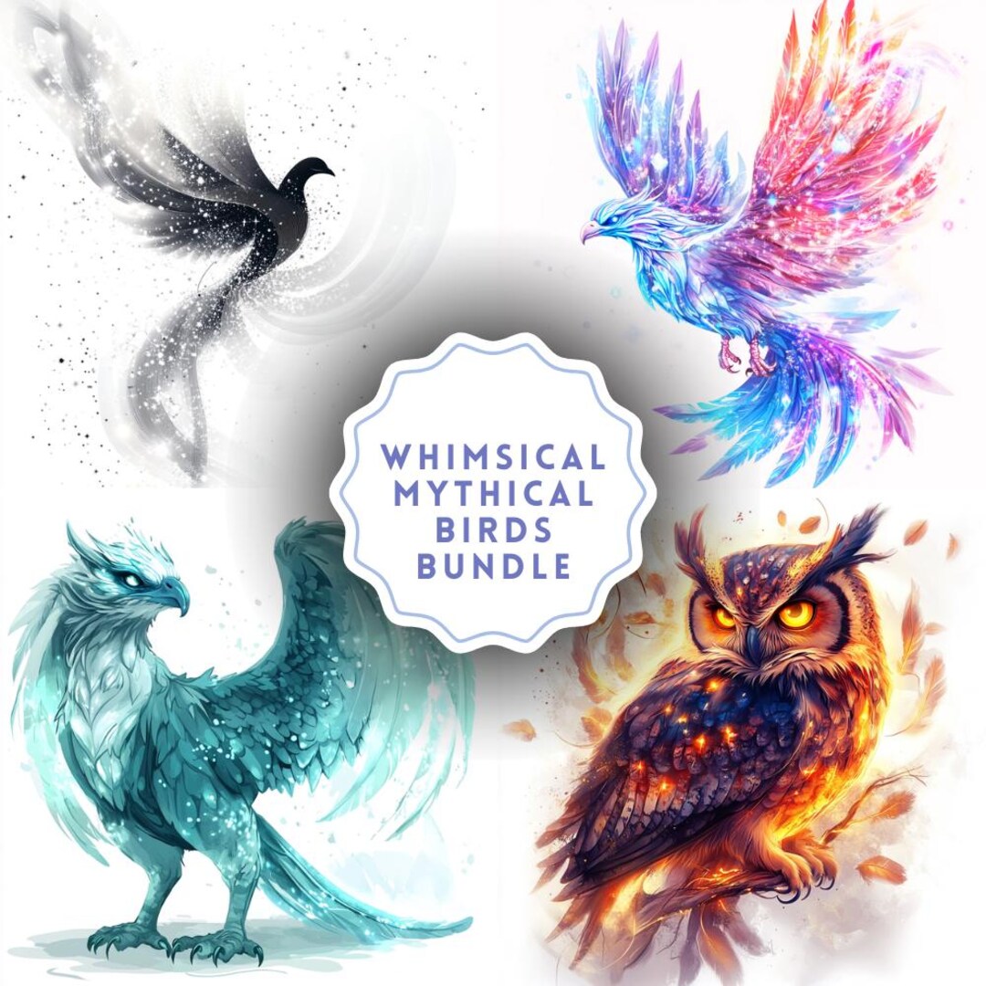 Whimsical Mythical Birds Clipart: Phoenix, Peacock PNG Art (digital ...