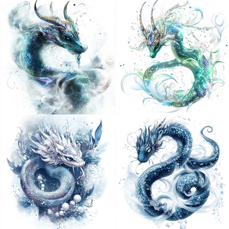 Mystic Sea Serpents Clipart: Crystal Ocean Dragons, Snakes (PNG Digital ...