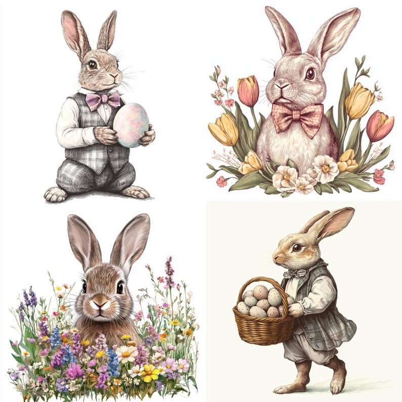 Vintage Easter Clipart PNG: Retro Bunnies, Commercial Use (digital ...
