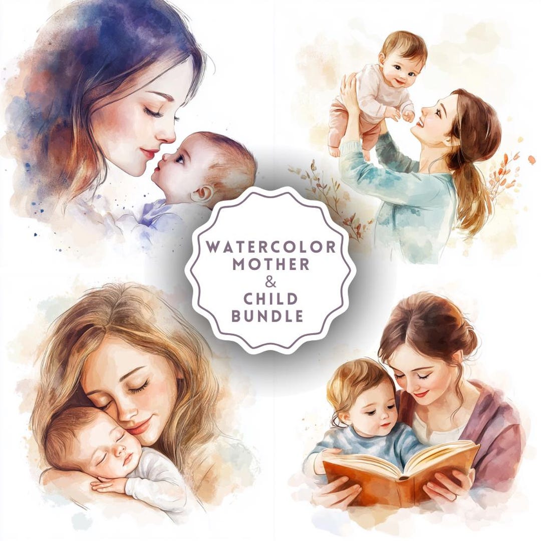 25 Watercolor Mother & Child Clipart PNG - 25 Tender Mom and Baby PNG ...