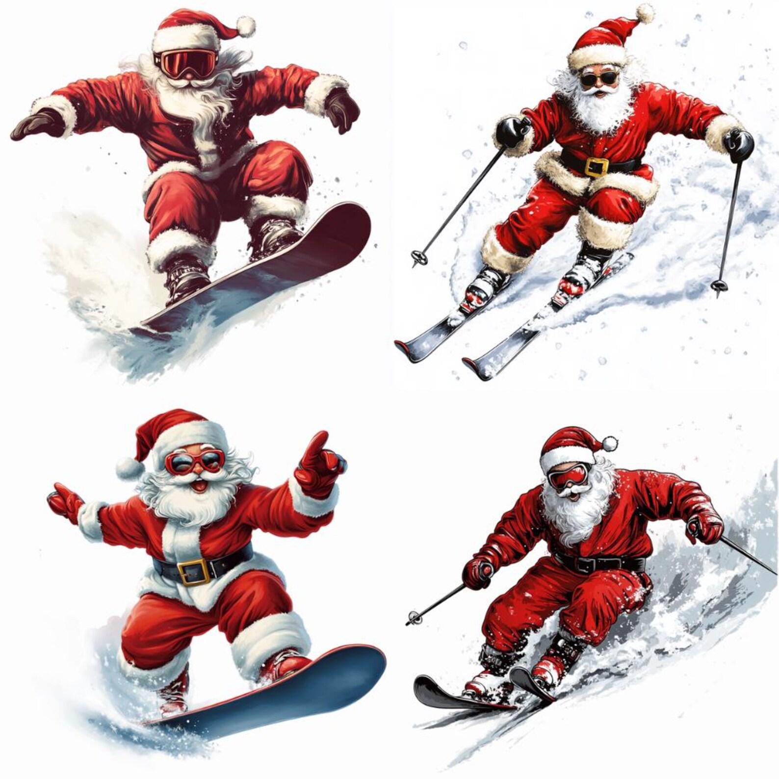 Skiing & Snowboarding Santa Clipart – 27 PNG Funny Holiday Sport ...