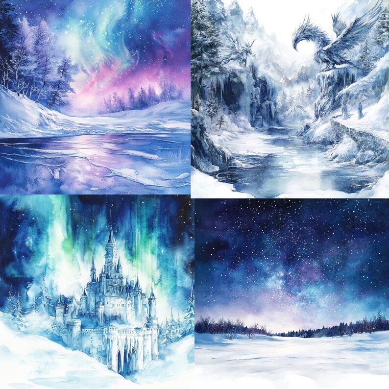 Fantasy Winter Landscapes Clipart – Magical Snowy Scenes and Mystical ...