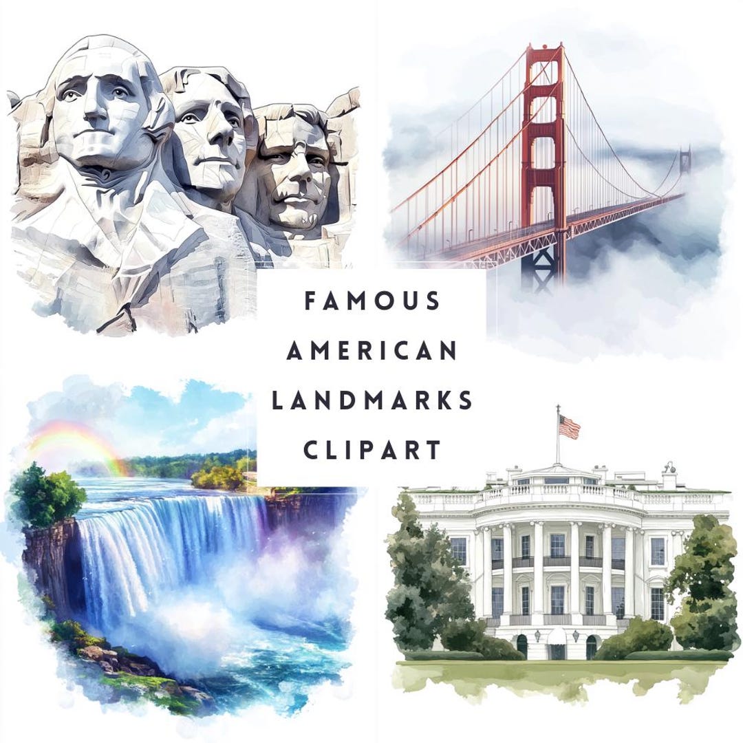 52 Famous American Landmarks Clipart PNG - 52 USA Travel Illustrations ...