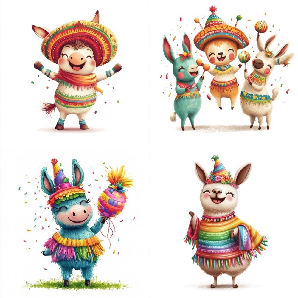 Mexican Fiesta Animals Clipart: Party Llamas, Donkeys, Dogs (digital ...