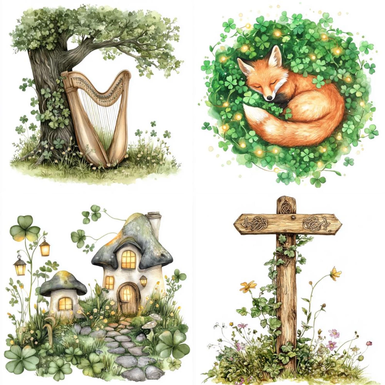 Cottagecore Irish Clipart: Watercolor Clovers, Leprechauns (PNG Digital ...