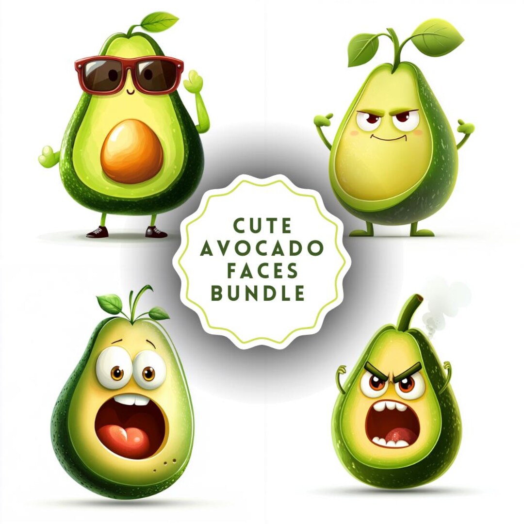 35 Cute Avocado Faces Clipart PNG - 35 PNG Kawaii Avocados With Funny ...