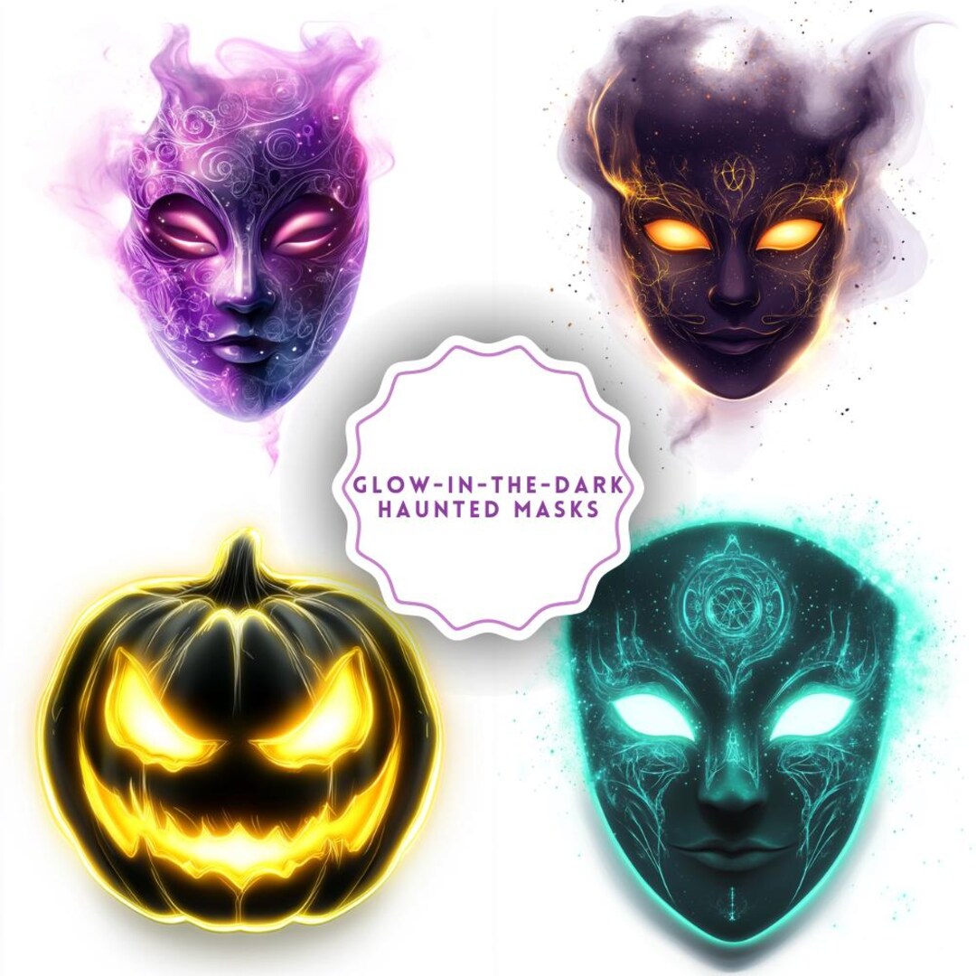 Glow-in-the-dark Haunted Masks Clipart | Neon Ghost & Skull Mask PNG ...