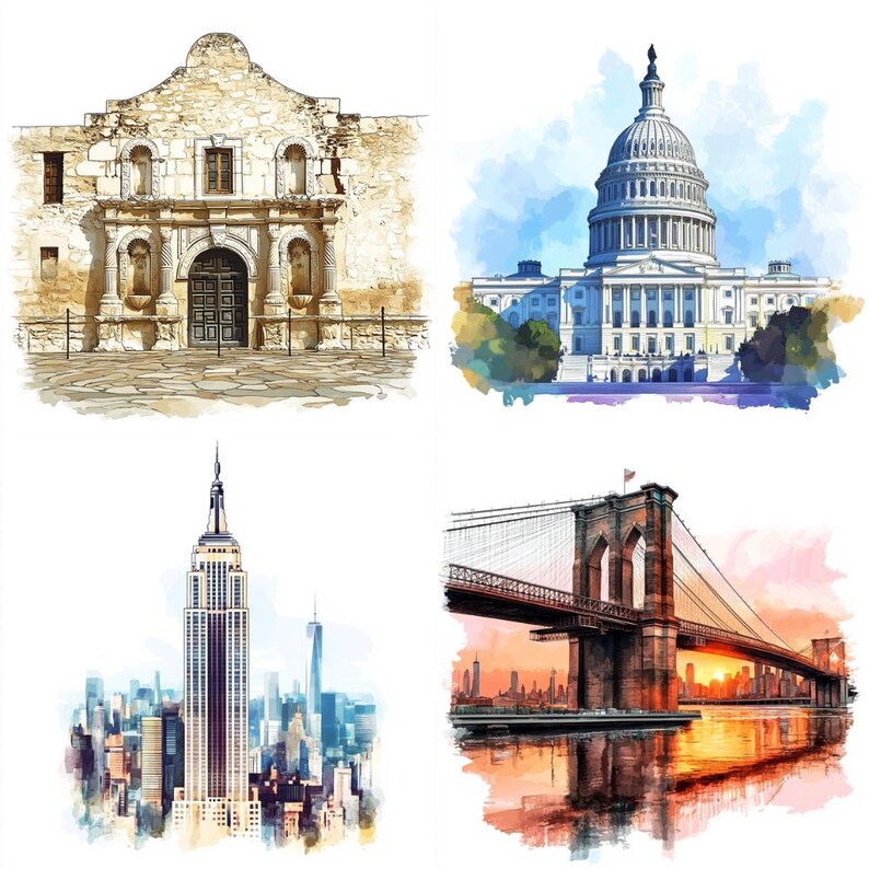 52 Famous American Landmarks Clipart PNG - 52 USA Travel Illustrations ...