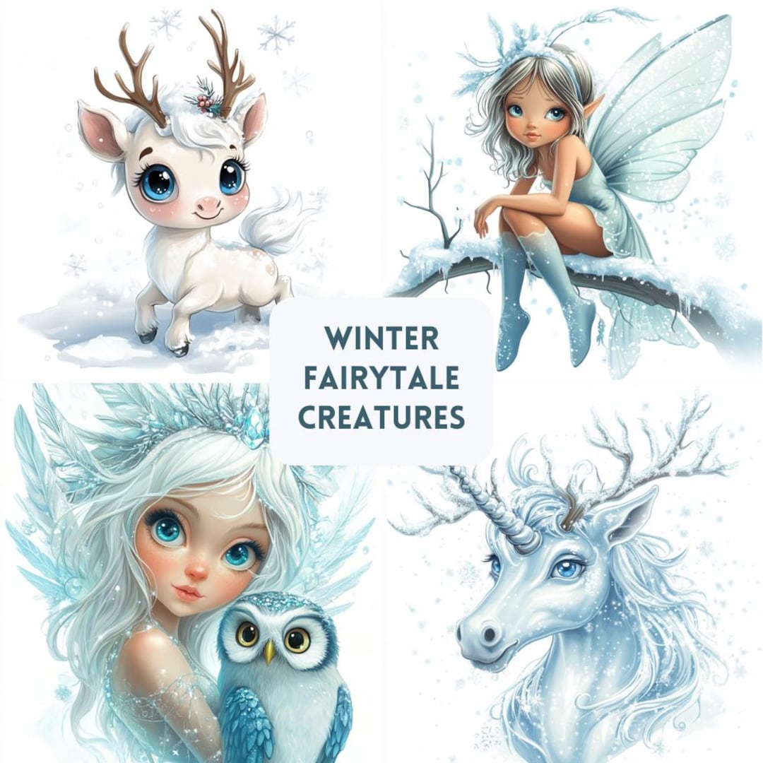 Winter Fairytale Creatures Clipart – 28 PNG Reindeer Unicorns & Snow ...