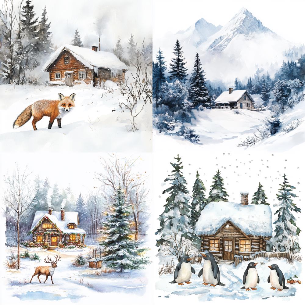 Cozy Winter Scenes Clipart – Snow-covered Cottages and Serene Winter ...