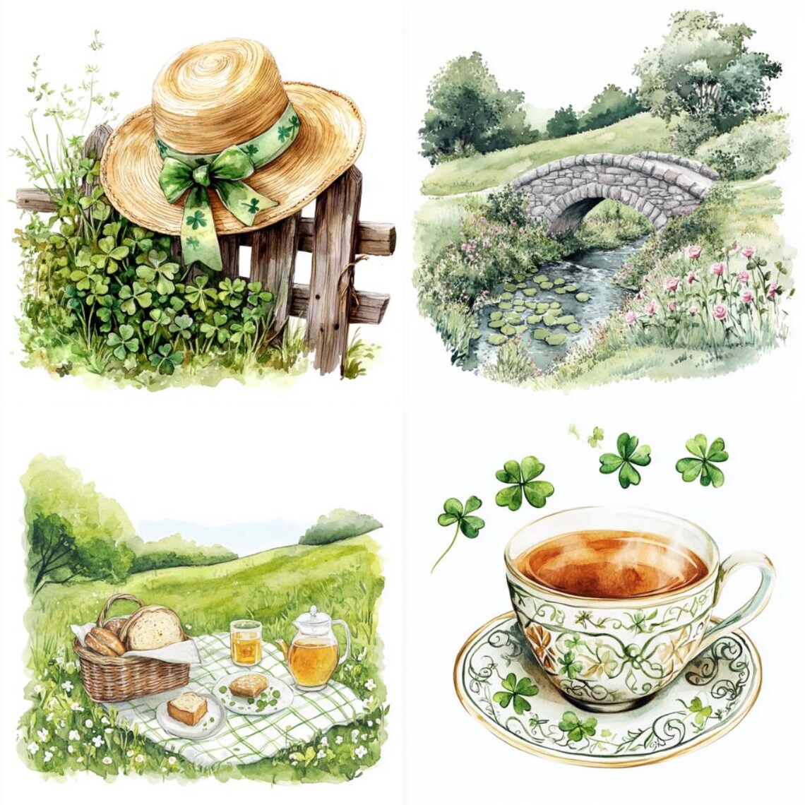 Cottagecore Irish Clipart: Watercolor Clovers, Leprechauns (PNG Digital ...