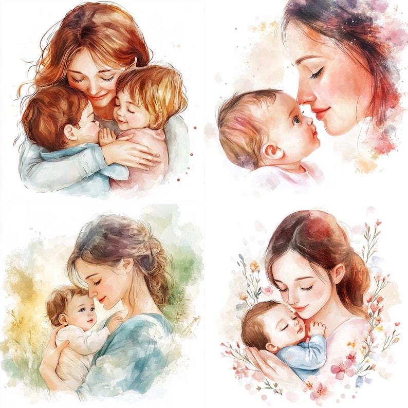 25 Watercolor Mother & Child Clipart PNG - 25 Tender Mom and Baby PNG ...