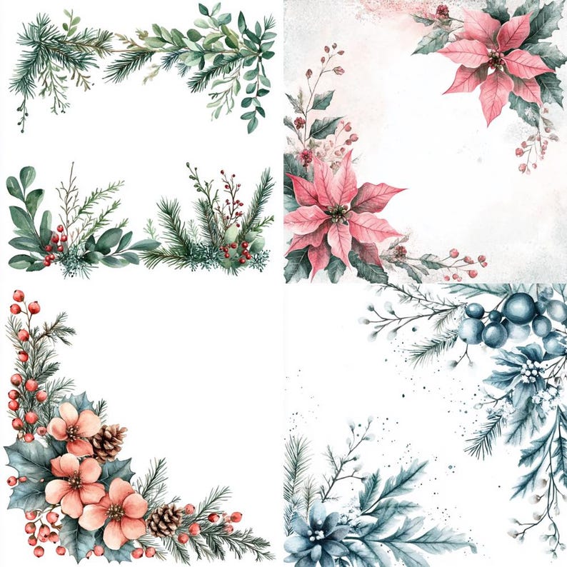 Winter Floral Clipart Set Poinsettias, Holly, Pine Sprigs & Festive ...