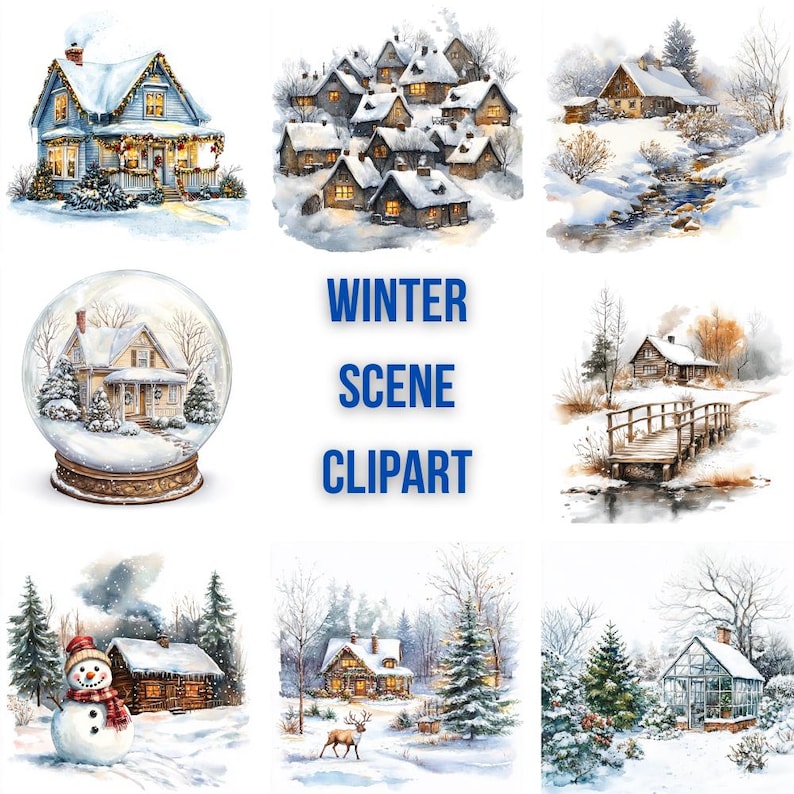 Cozy Winter Scenes Clipart – Snow-covered Cottages and Serene Winter ...