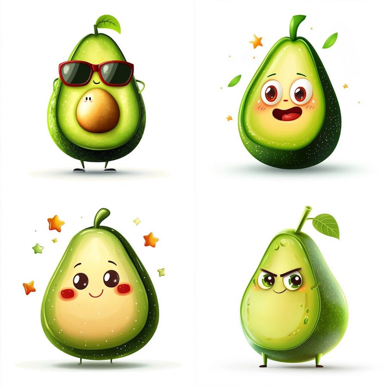 35 Cute Avocado Faces Clipart PNG - 35 PNG Kawaii Avocados With Funny ...