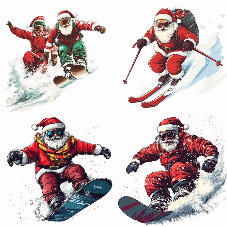 Skiing & Snowboarding Santa Clipart – 27 PNG Funny Holiday Sport ...
