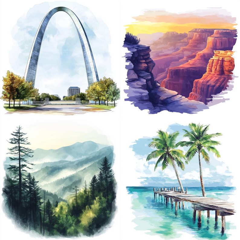 52 Famous American Landmarks Clipart PNG - 52 USA Travel Illustrations ...